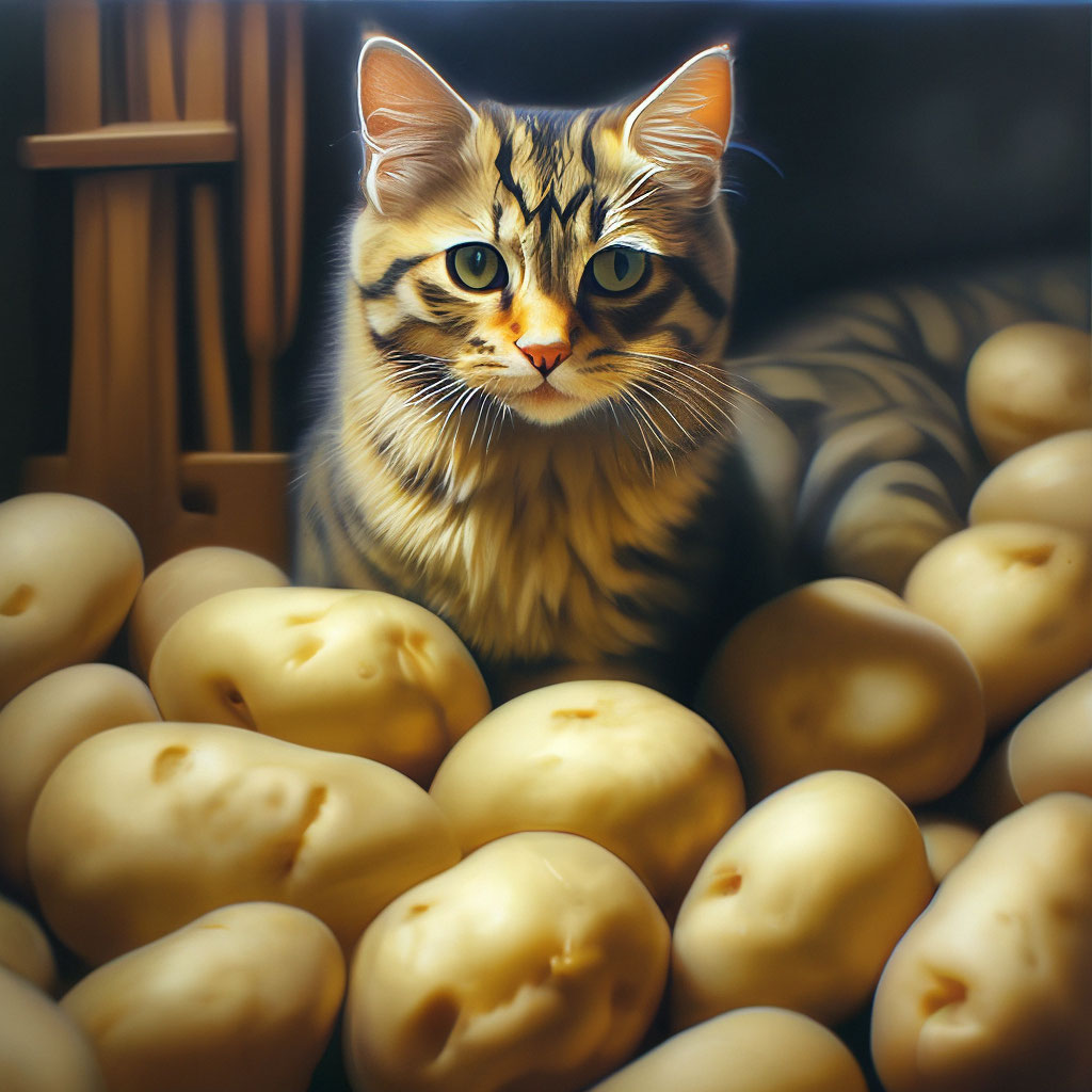 "Potatoes plus a cat" — image created in Shedevrum