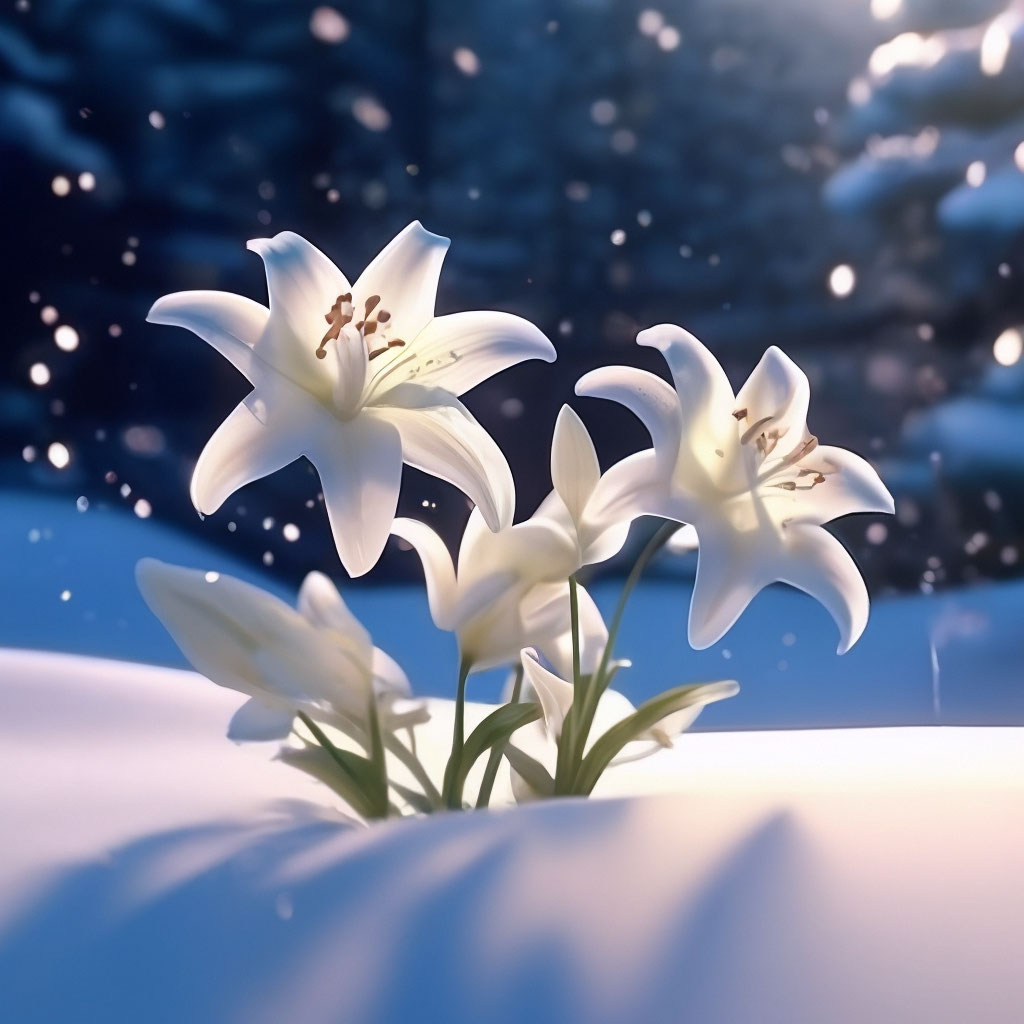 "3d,flowers of transparent delicate lilies,snow,transparency of the ...