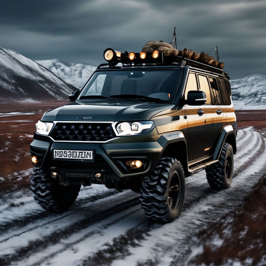 "Uaz patriot convertible rushes across the tundra" — image created in ...