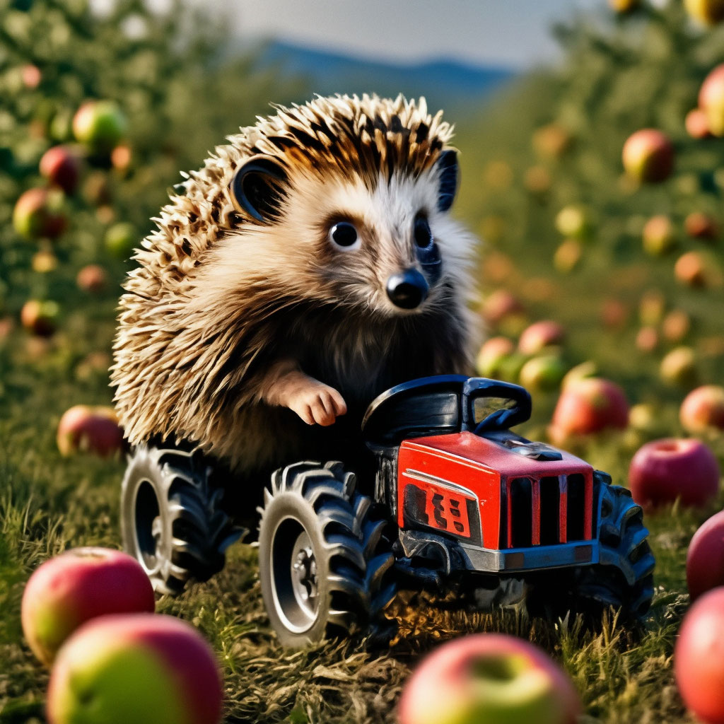 "Hedgehog tractor driver in the field of apples , 4k, professional ...