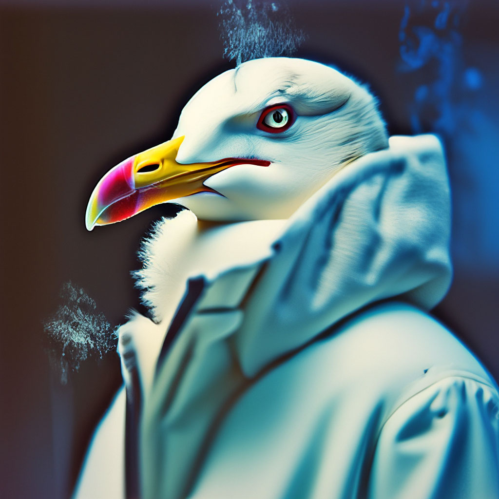 "Seagull in a coat, flickering, paint smudges, grain, smudge, arthouse ...
