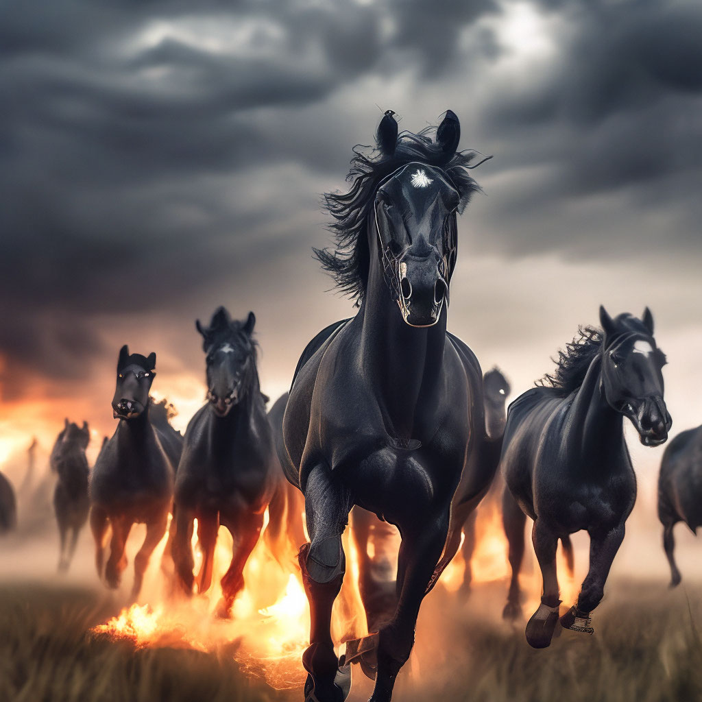 "A herd of black mustangs on fire rushes across the field, gloomy sky ...