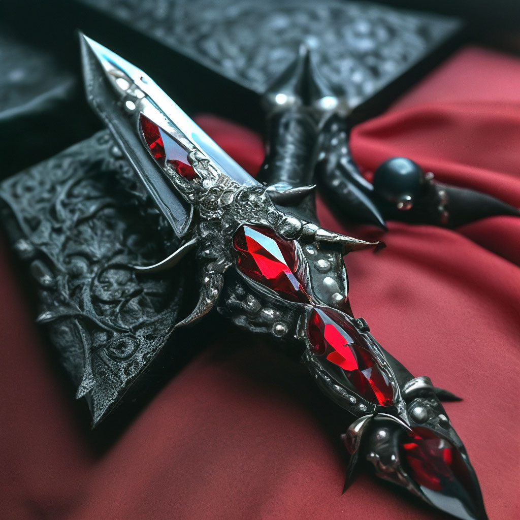 "A female hand with long black claws holds a dagger decorated with red ...