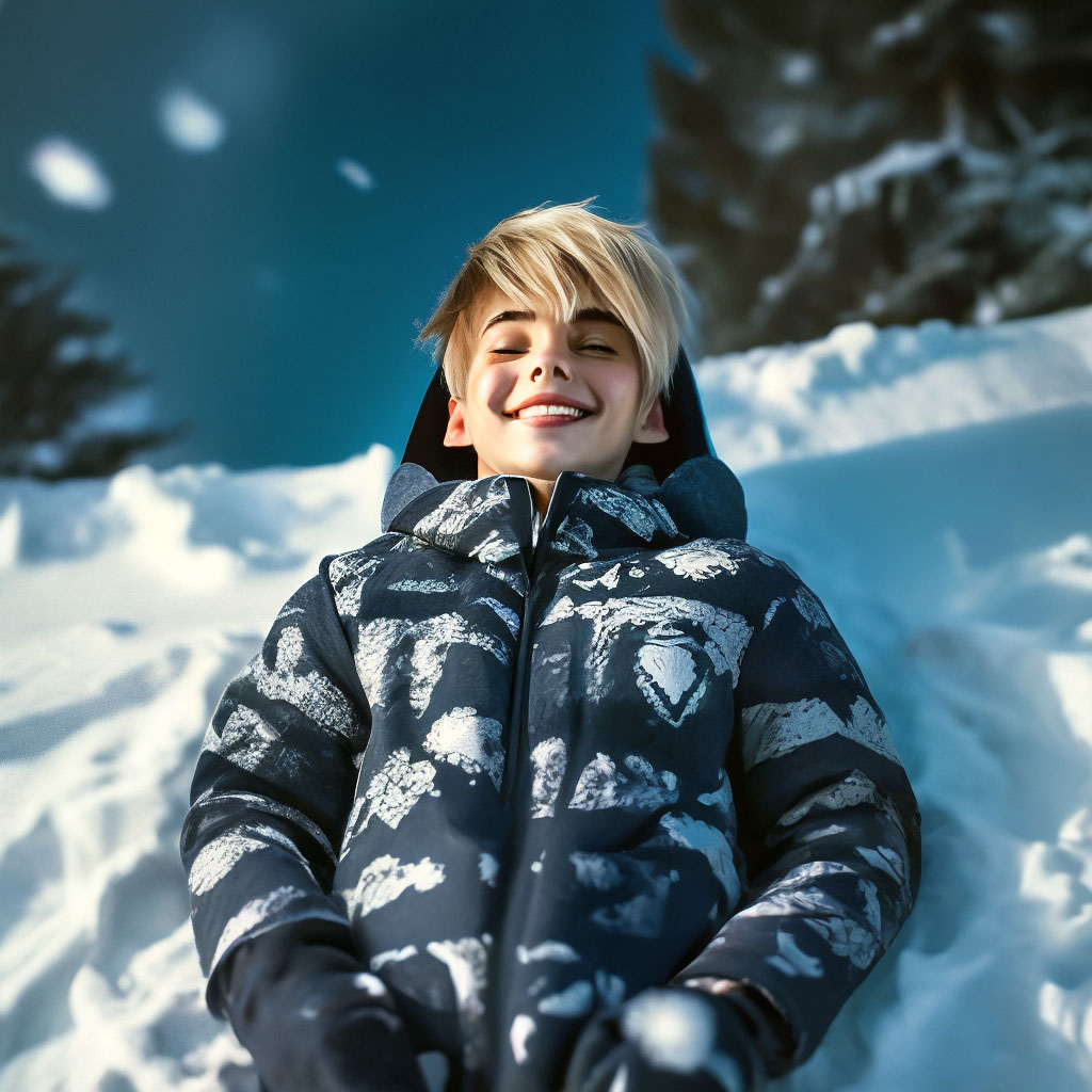 "Emo boy 20 years old in a winter jumpsuit, lying in the snow, smiling ...