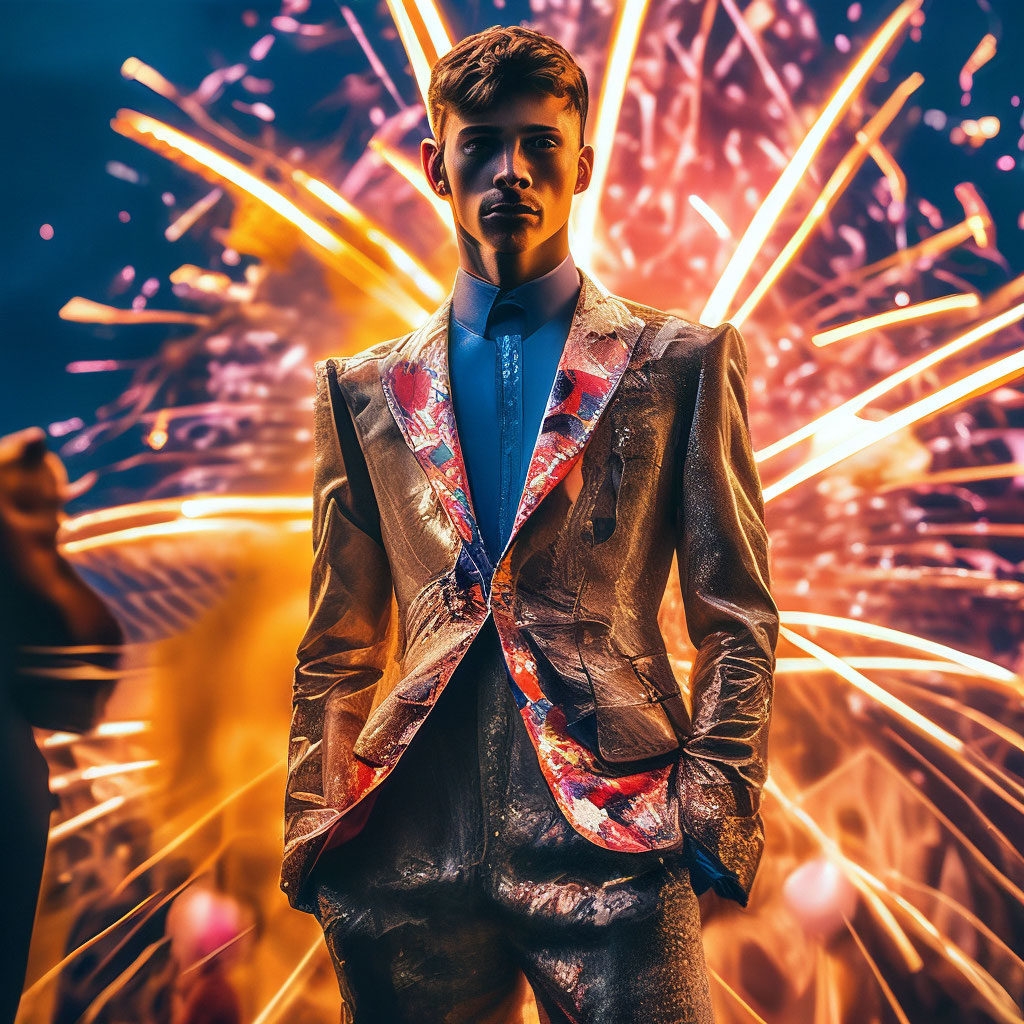 "Double exposure a handsome young man in an outfit of pyrotechnics and ...