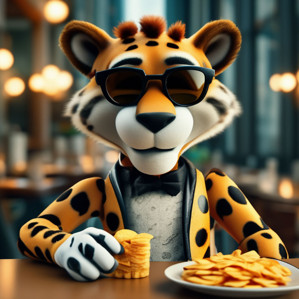 "Chester Cheetah, wearing black glasses. with a pack of chips" — image ...