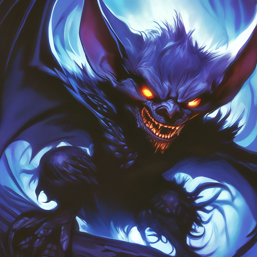 "Dark aesthetic, a creepy dark bat demon troll figure, evil eyes, scary ...