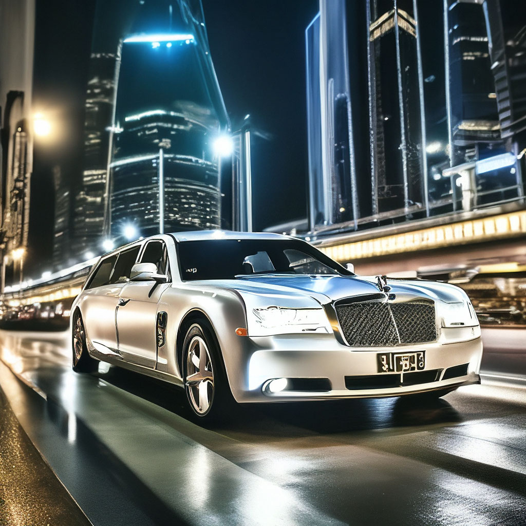 "A large long white limousine rides through the night city, beautiful ...