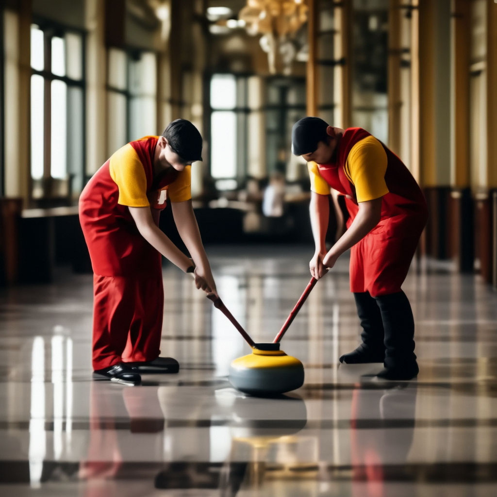 "Cleaners play curling with mops on the tiles" — image created in Shedevrum
