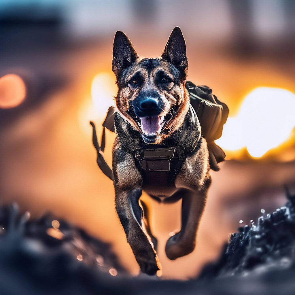 "Cinematic photo, fighting dog, running into the frame, battlefield ...