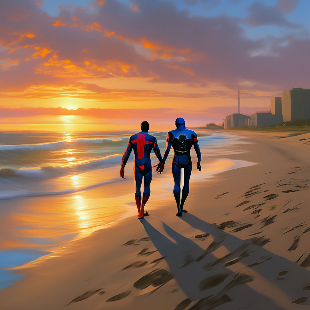 "Spider-Man and Venom, holding hands, walking along the sandy seashore ...