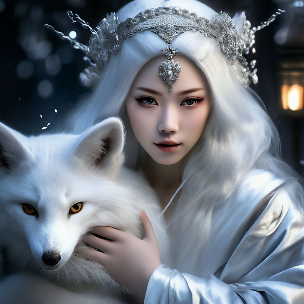 "Kitsune girl, white skin, silver kimono, fox ears and tail ...