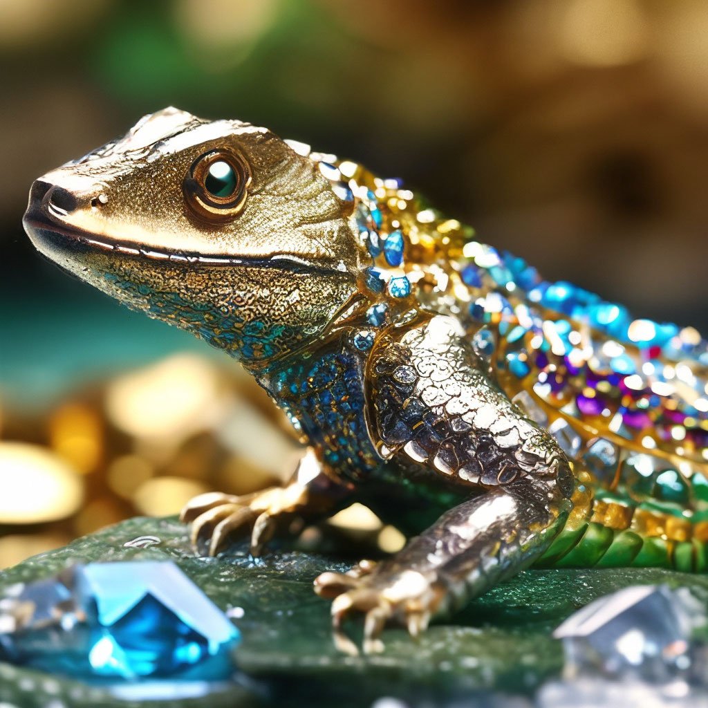 "Gold,silver,colored transparent stones, lizard on a background of ...