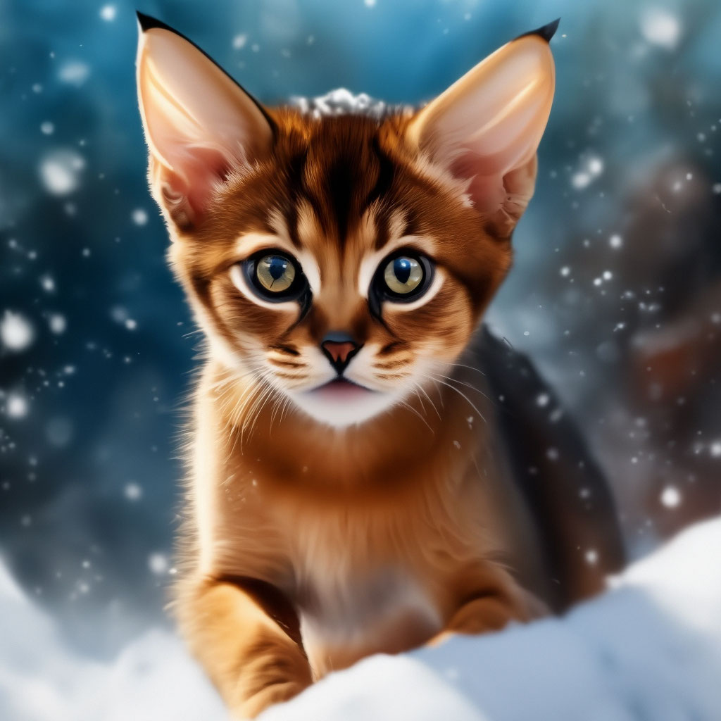 "A little Abyssinian plays in fluffy snow, bright colors, high detail ...