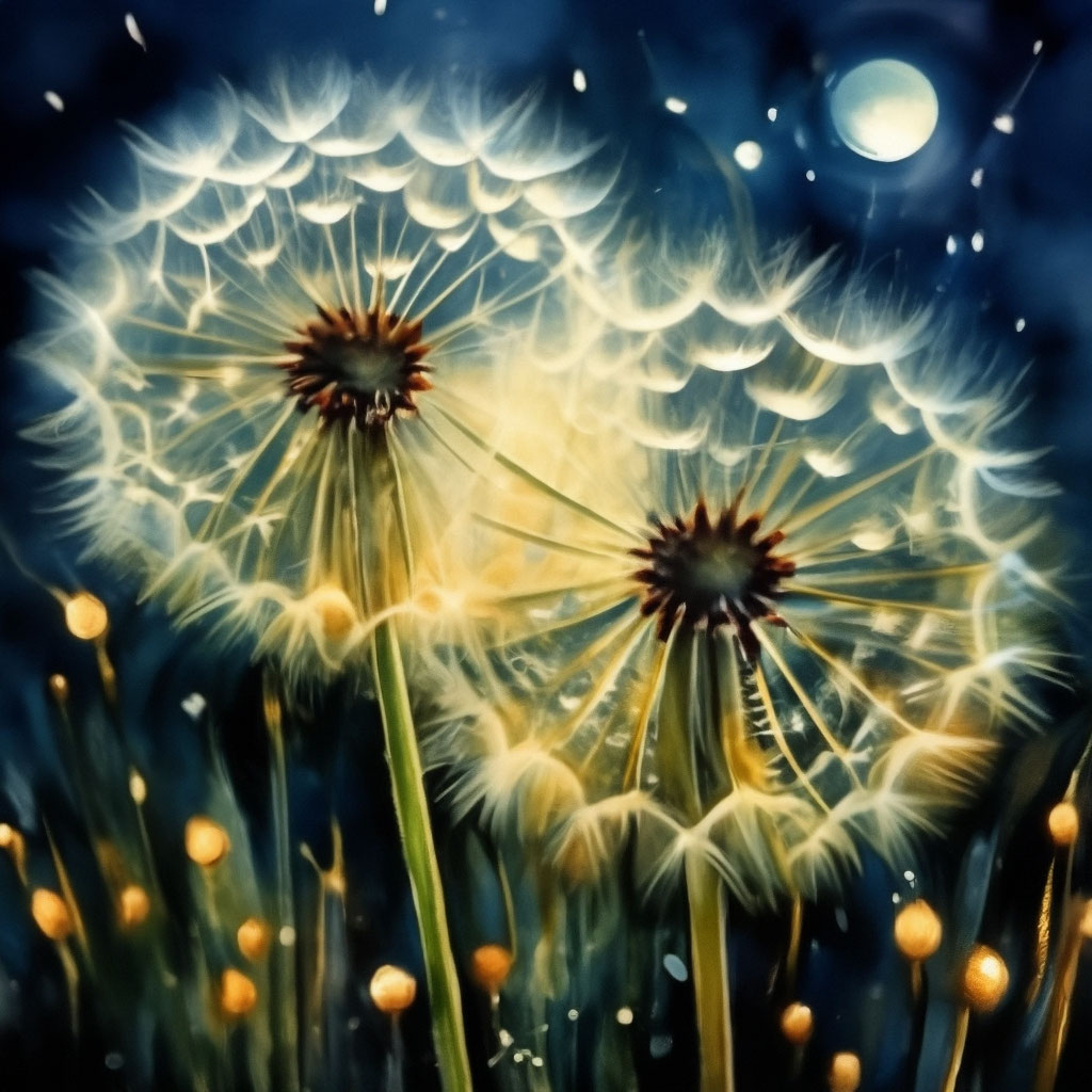 "Watercolor ,night ,moon ,moonlight glare falling on large dandelions ...