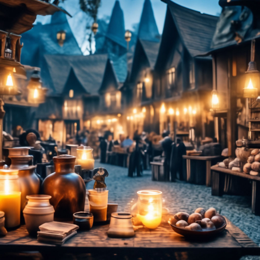 "Photography, realism, medieval fantasy market with stalls for witches ...