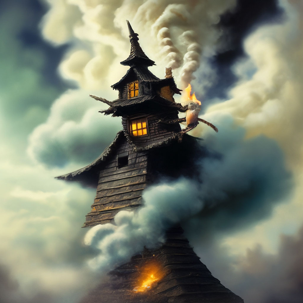 Then smoke fell through the chimney of one hut and went like a cloud ...