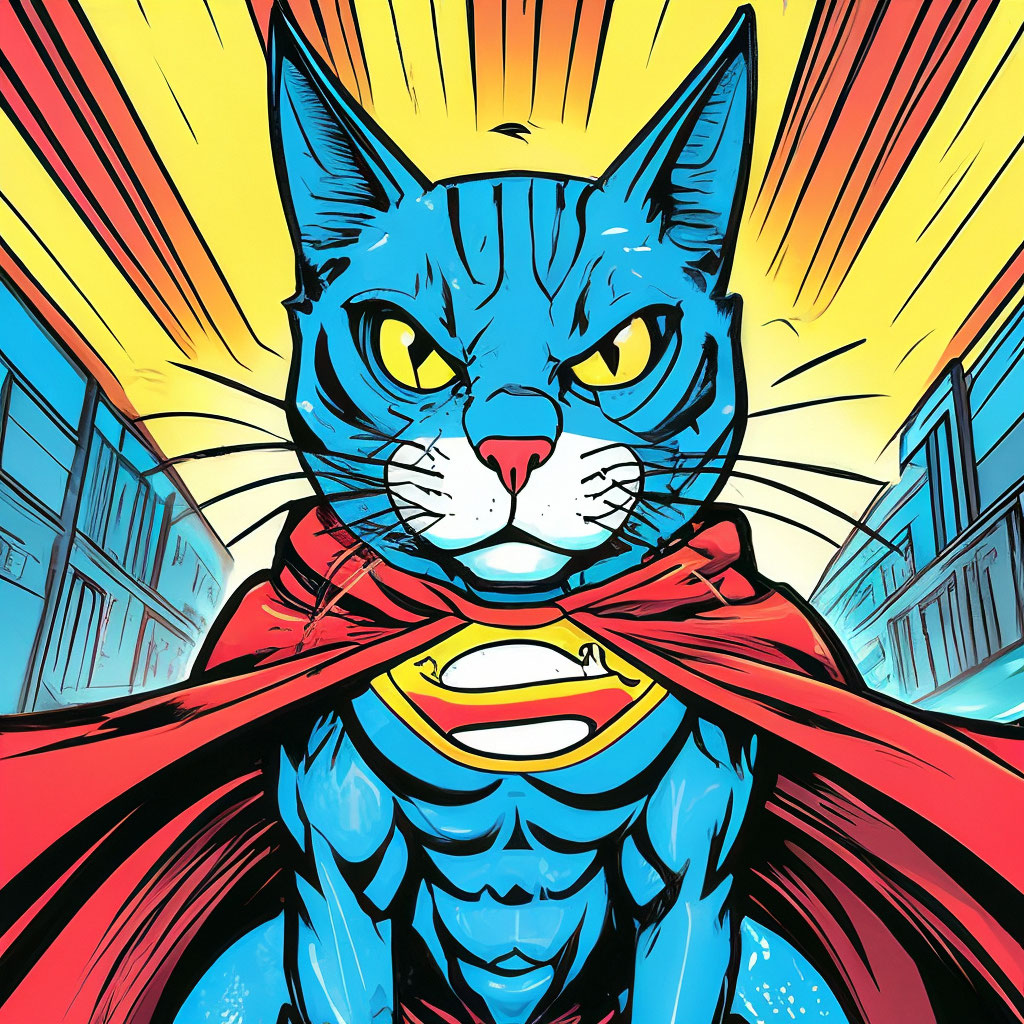 "Super cat in the style of a comic book" — image created in Shedevrum