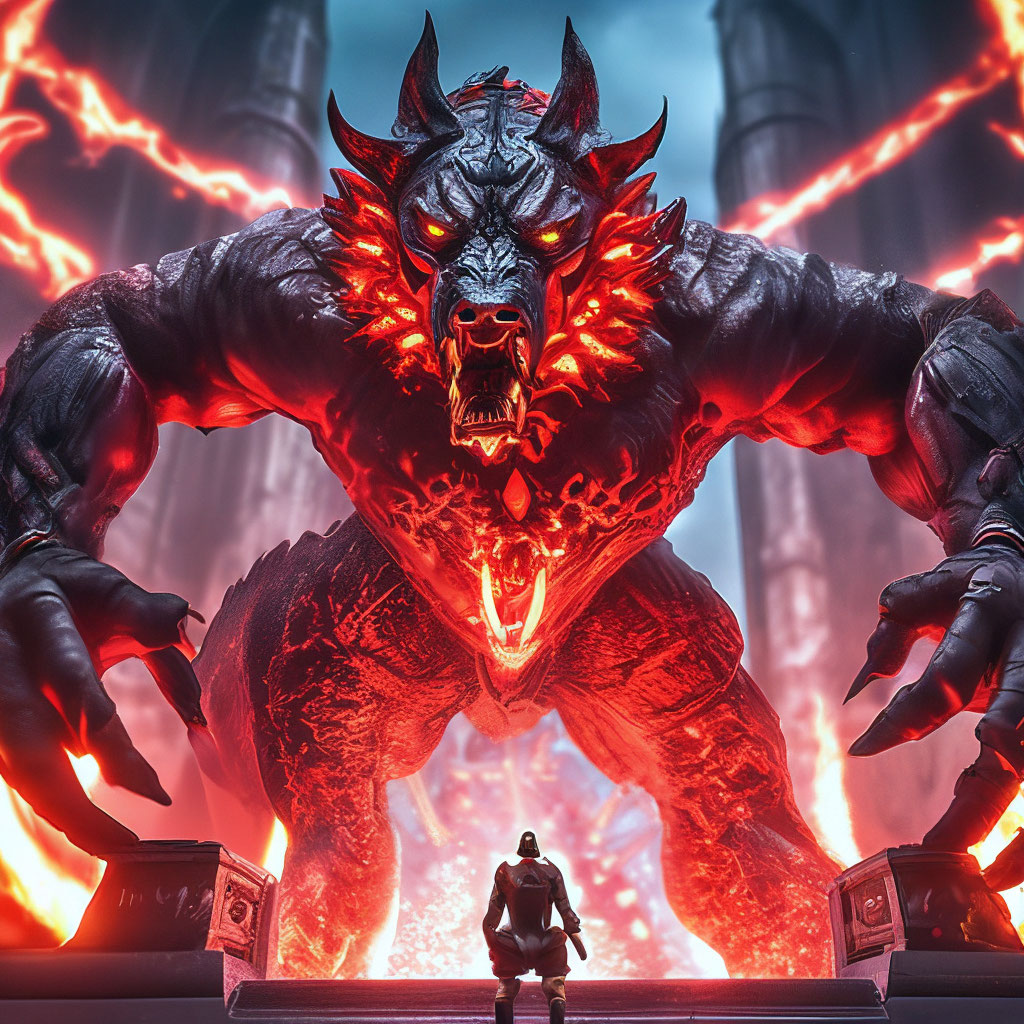 "A huge fiery cerberus, all in fiery patterns and runes, guards the ...