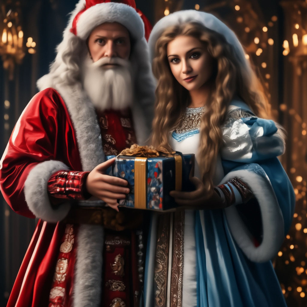 "Santa Claus and Snow maiden with gifts Russian style" — image created ...