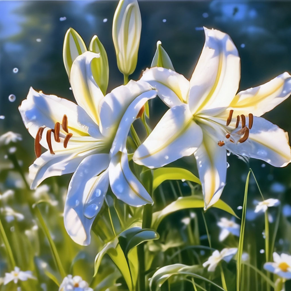 "Snow-white lilies in dew drops and sunlight, summer, July heat ...