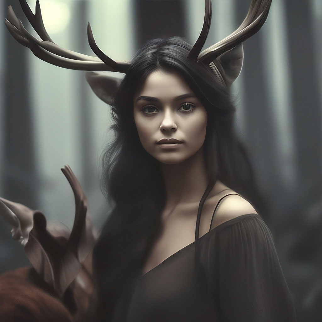 "In a gloomy forest there is a nymph girl with dark hair, a half-breed ...
