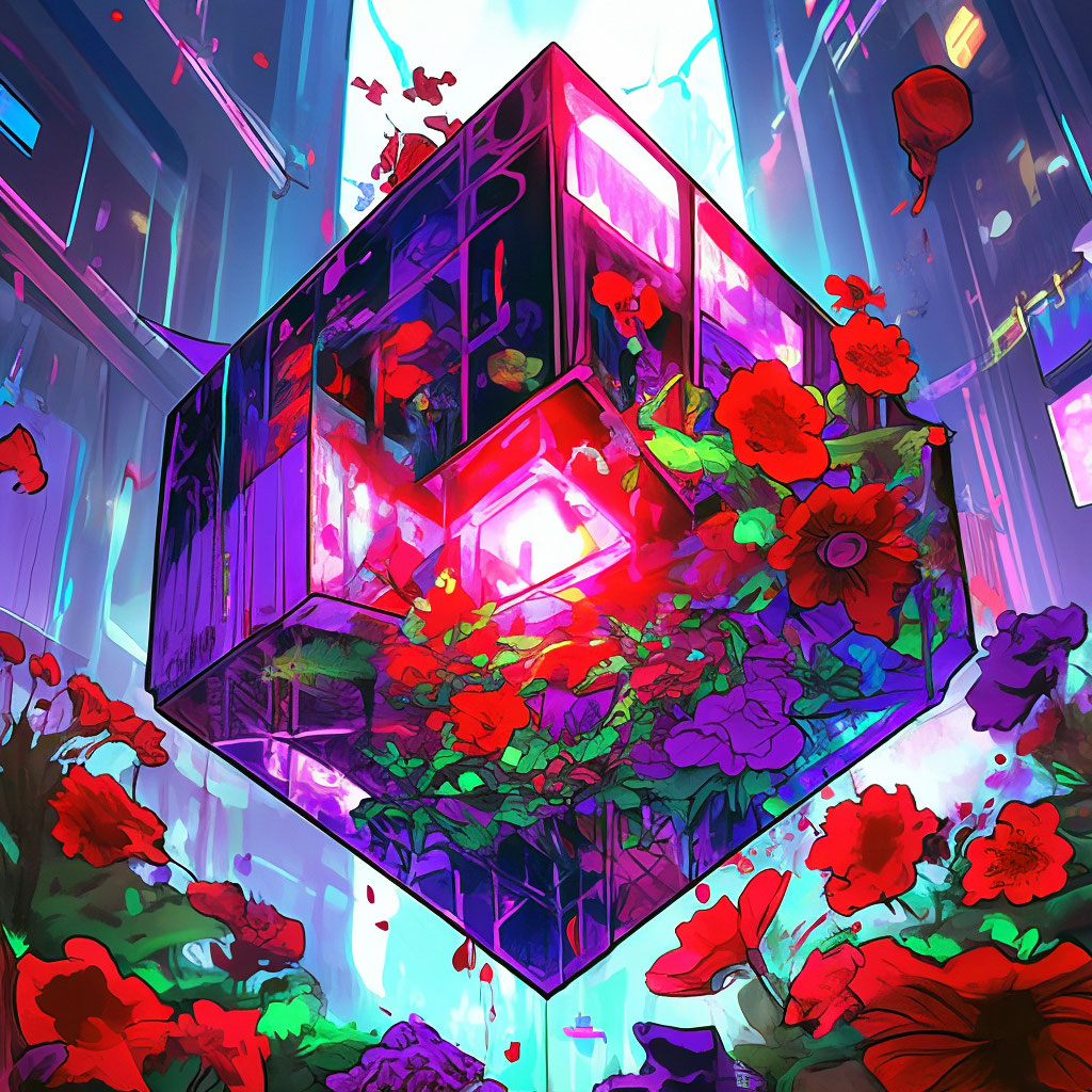 "Inverted cube, rhombus, glass world, in red and purple plants and ...