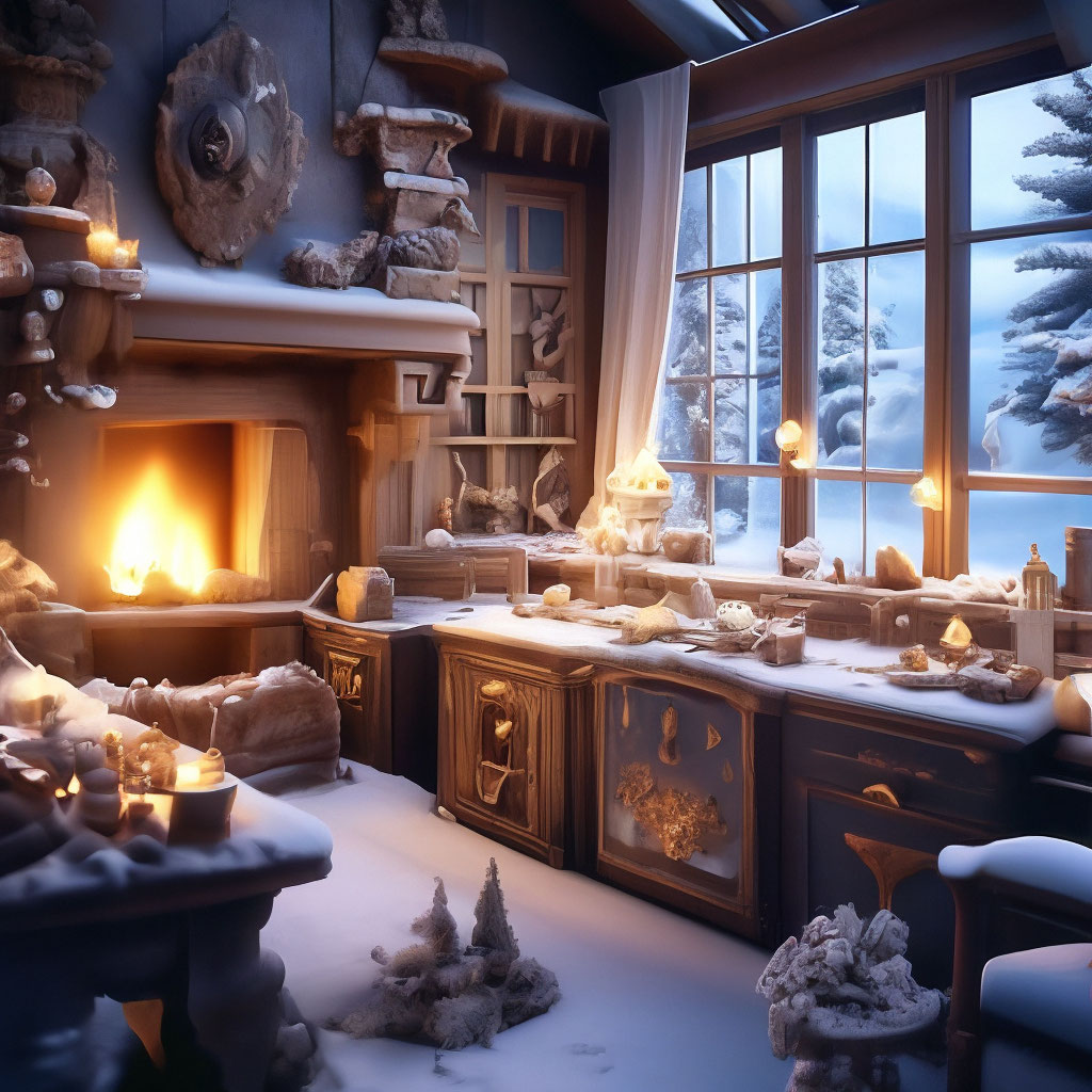 "Wizard's kitchen, rooms with magic furniture, snowy winter outside the ...