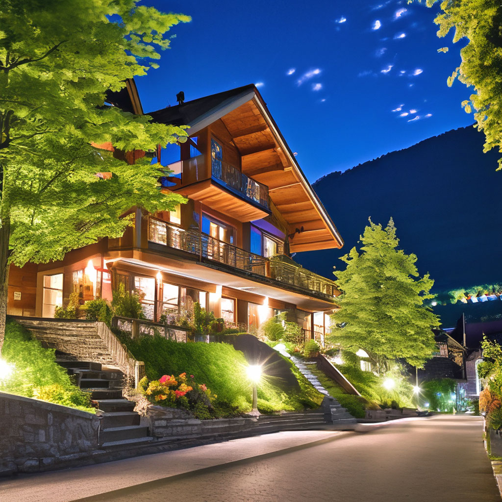 "Strandbadstrasse, Interlaken, summer, night, chalet, bright colors ...
