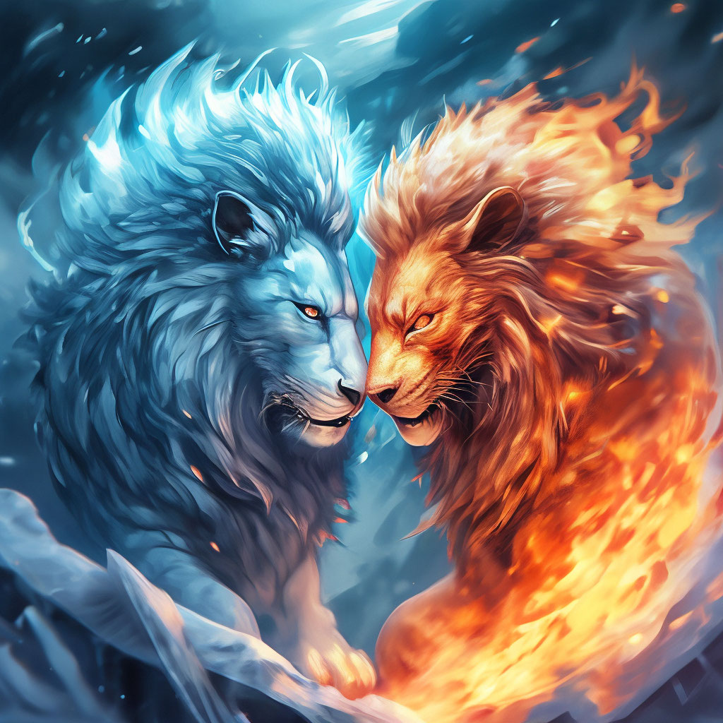 "Fire Lion and Ice Lion" — image created in Shedevrum