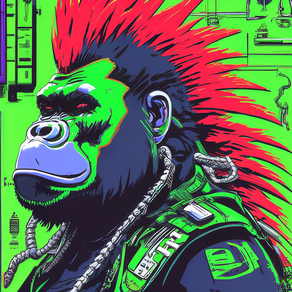 "Green gorilla, red mohawk" — image created in Shedevrum