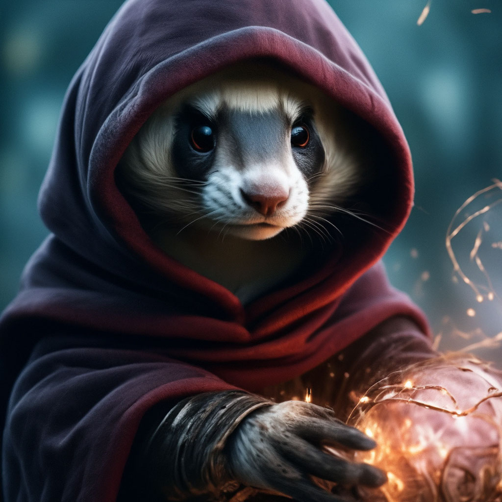 "A small furry ferret in a hood conjures magic, dark magic, necromancer ...