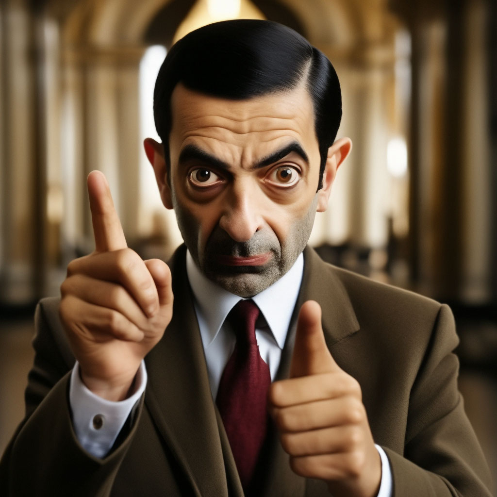 "Mr. Bean shows the middle finger and grimaces" — image created in ...
