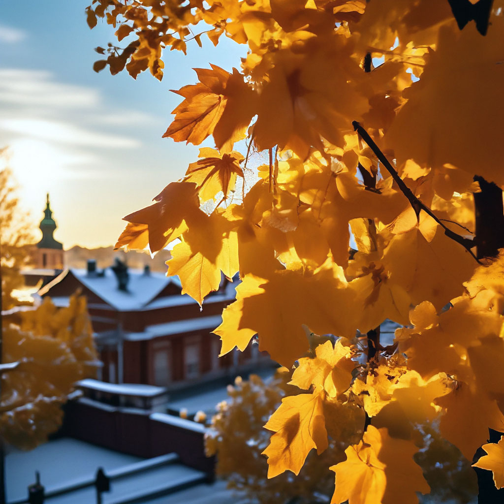 "November. Moscow,autumn,maple leaves,trees,sun,beautiful sky,rays ...
