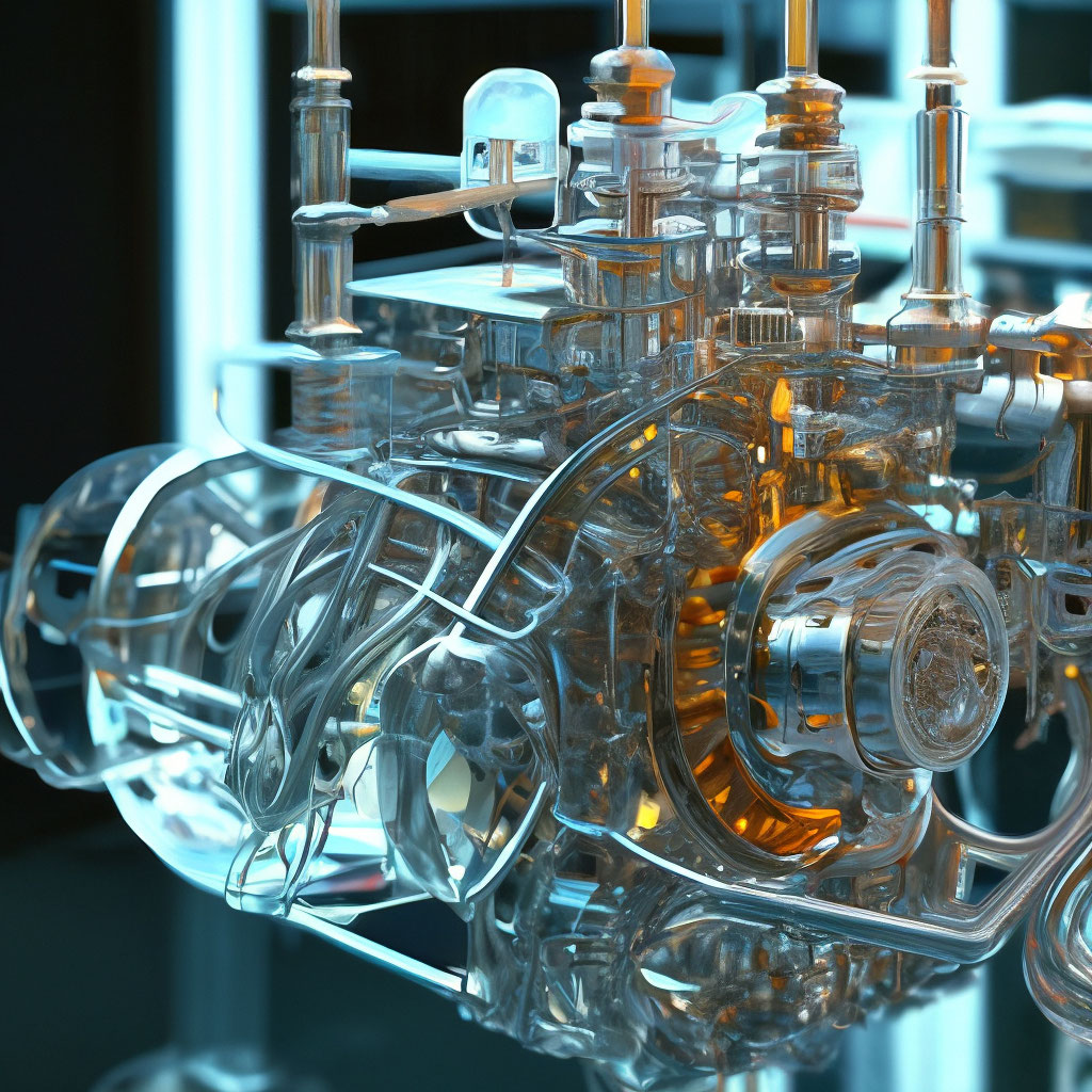 "Glass, transparent V-shaped internal combustion engine. Computer ...