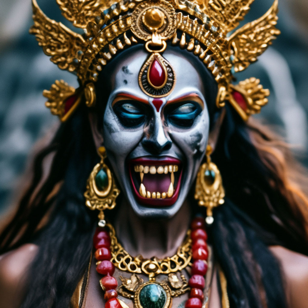 "Goddess kali, angry eyes, skull necklace, long tongue sticking out ...