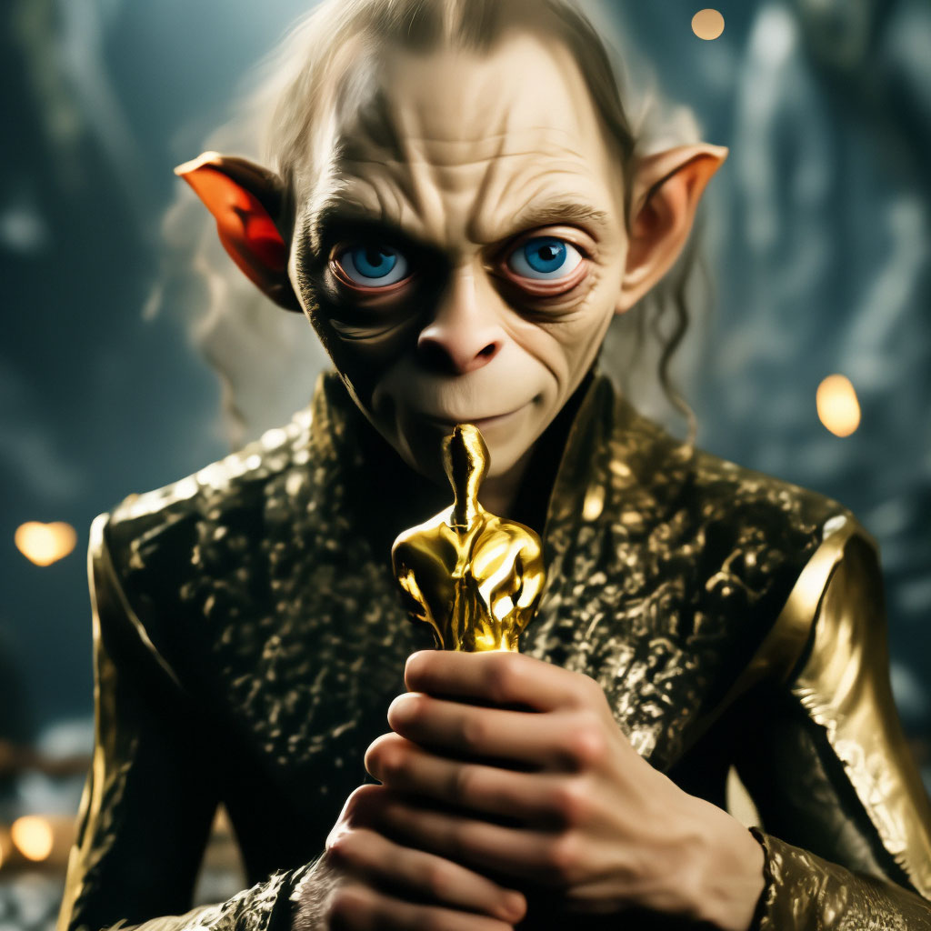 "Gollum holds the Oskar reward in his hands, having speech on the scene ...