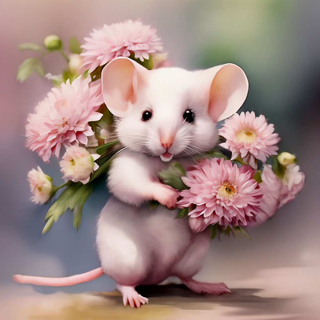 "Cute pink mouse with an armful of white chrysanthemums, delicate ...