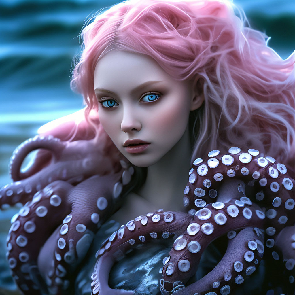 "Metamorphosis hybridization of octopus girl, located on the ocean ...