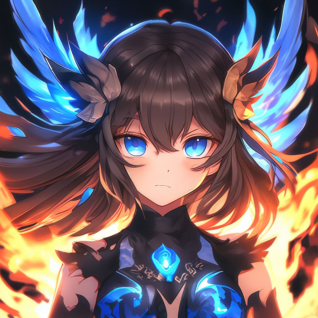 "Angry girl, blue fire, brown eyes and hair, blue shades, GenshinImpact ...