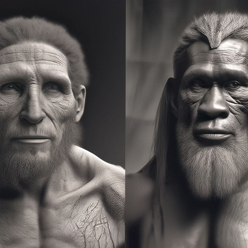 "Neanderthal and Homo sapiens, standing side by side, superdetalization ...