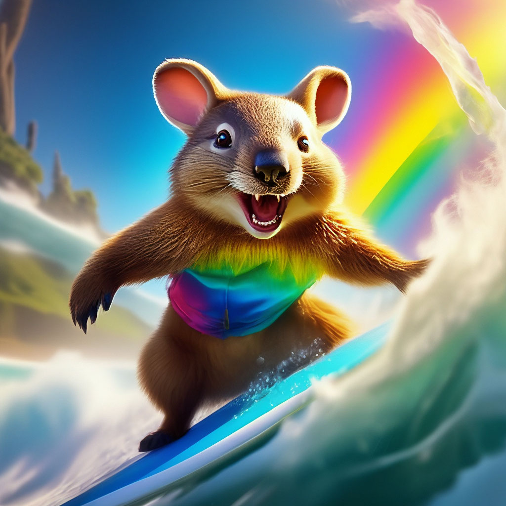 "Cute wombat surfer, rejoices, is very surprised, delight, rainbow ...