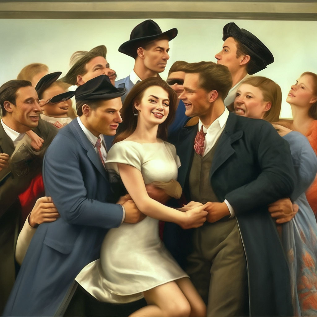 "Men stack up at the sight of a beautiful woman, humor" — image created ...