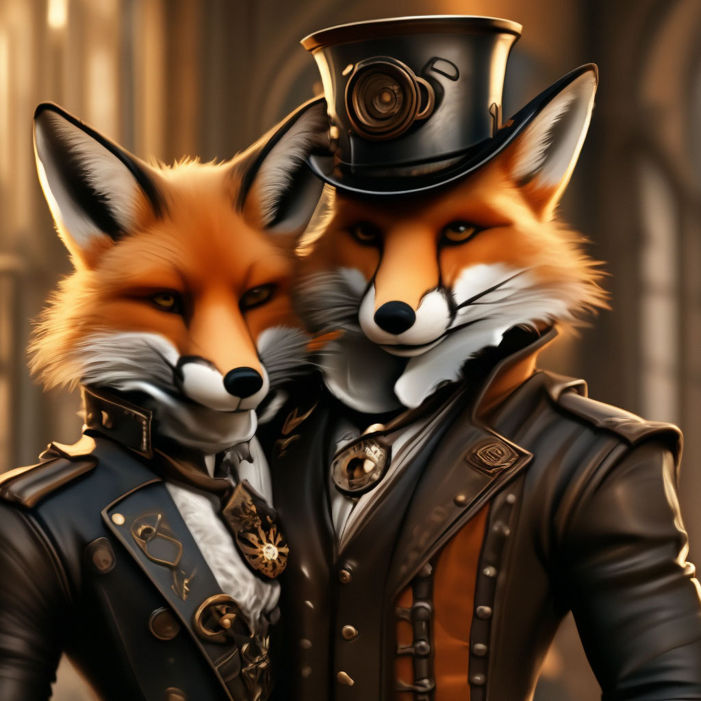 "Furry fox and his fox in steampunk style" — image created in Shedevrum