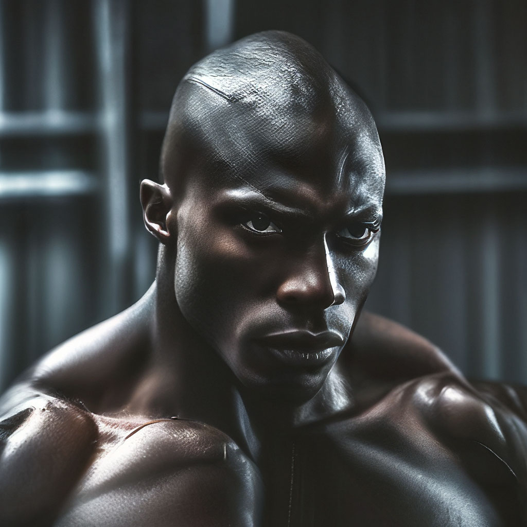"Dark black silk bald bodybuilding minimalism , expressive predatory ...