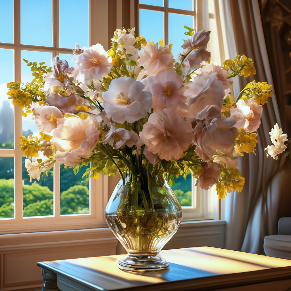 "A huge bouquet of beautiful transparent flowers, in delicate tones, in ...