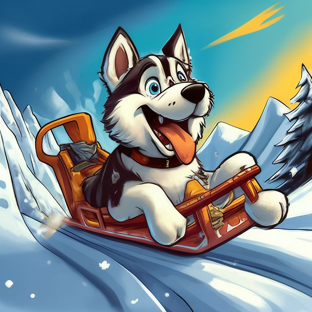 "Comic funny mischievous comical husky slides down the mountain on a ...