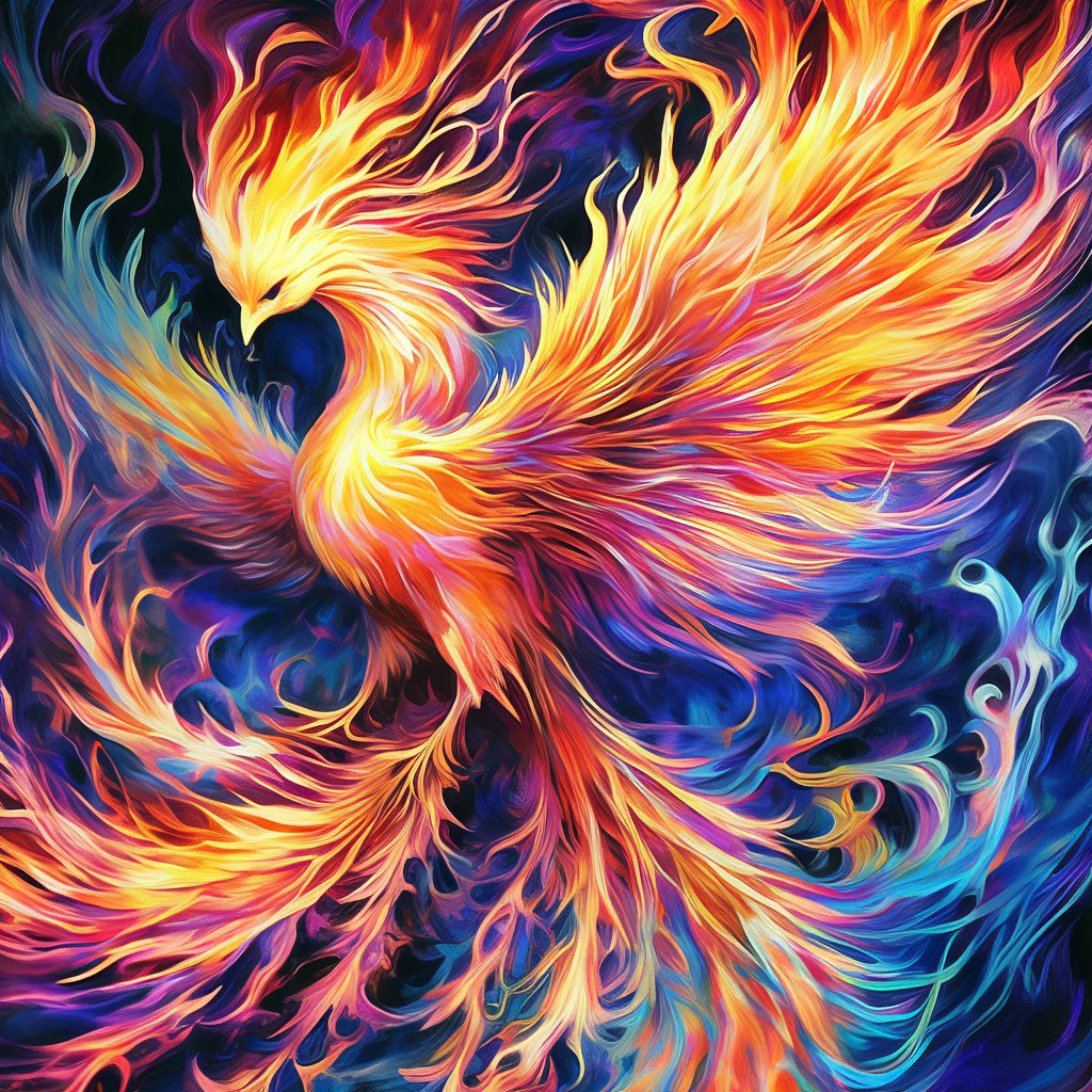 "Phoenix bird, flames, feathers, fractals, curls, graphics, ink, chaos ...