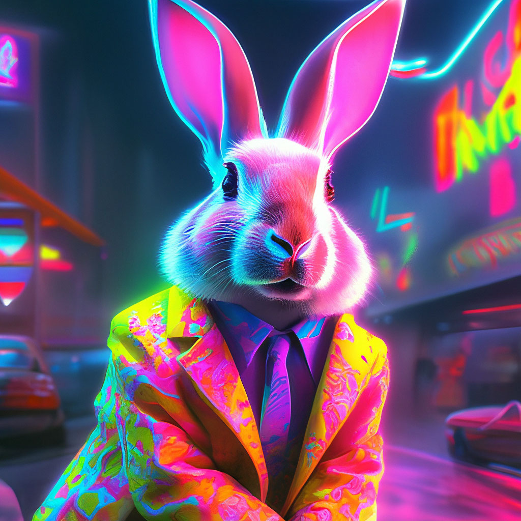 "A rabbit in a neon undercoat" — image created in Shedevrum