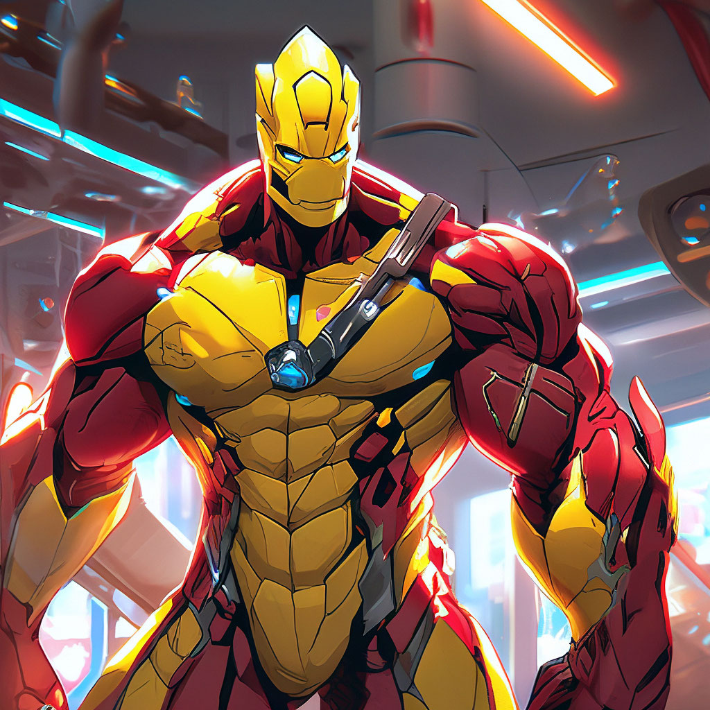 "Groot the bodybuilder, huge muscles in high-tech iron man armor, red ...